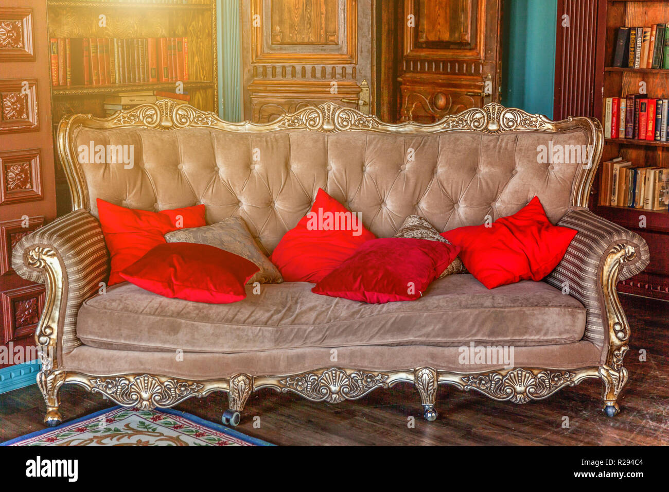 Luxury classic interior of home library. Sitting room with bookshelf ...