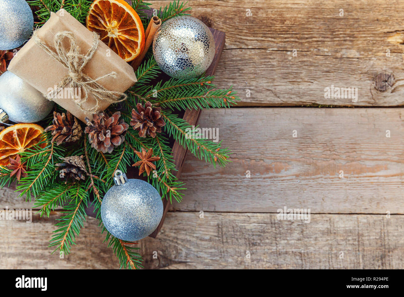 Christmas New Year composition winter objects gift box fir branch pine ...