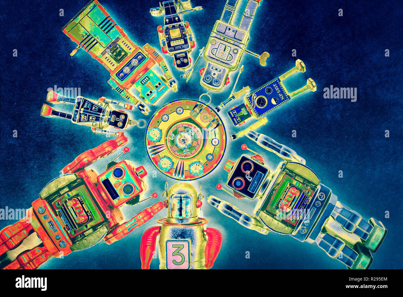 surrealistic robot toy around the Mother ship abstravt image Stock ...