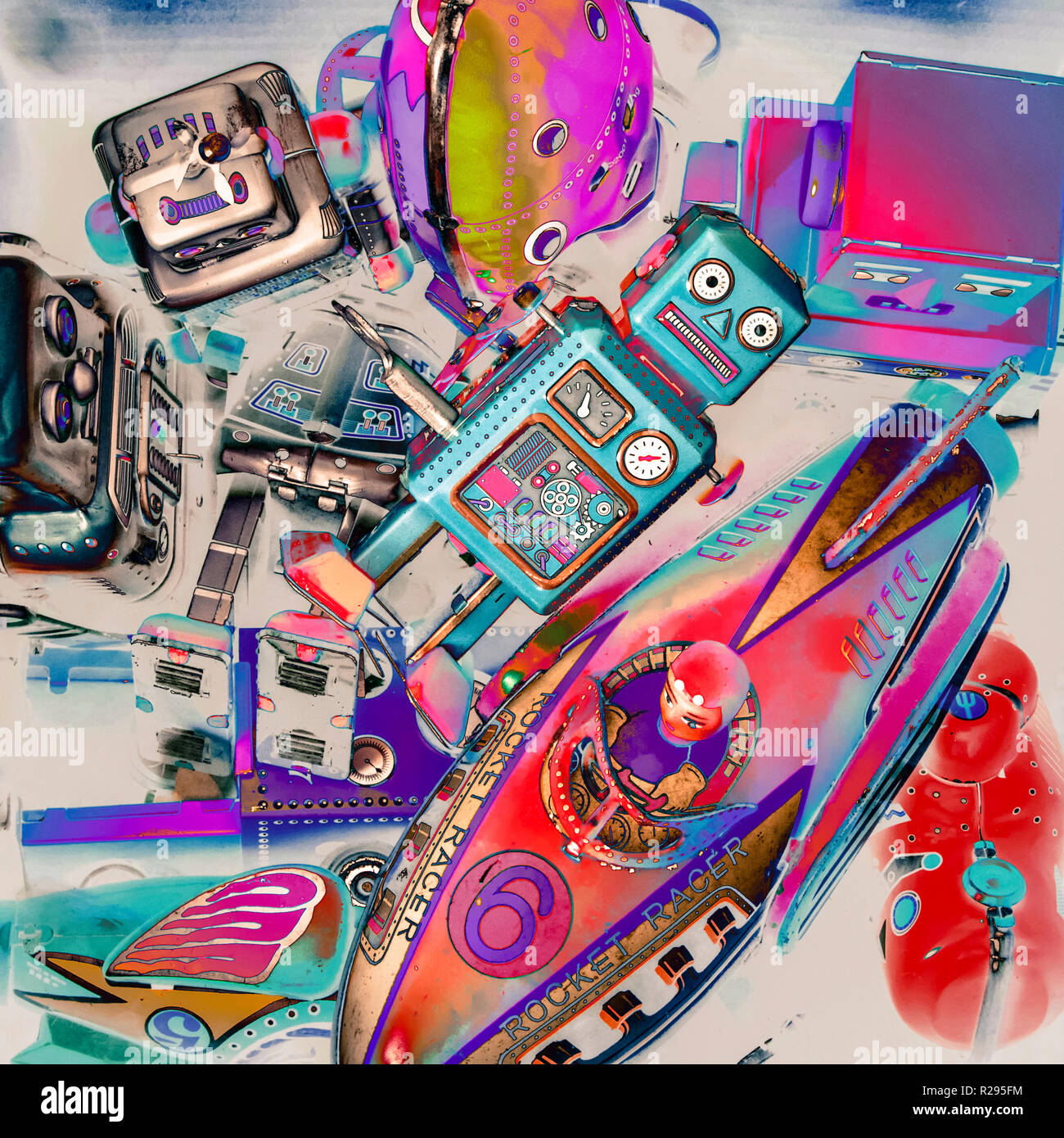 surrealistic robots and old tin rocket toys Abstract image Stock Photo ...