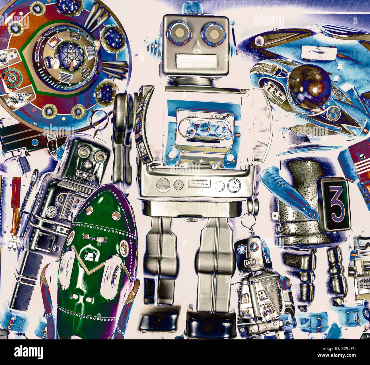 surrealistic robots and ufo toys abstract image Stock Photo - Alamy