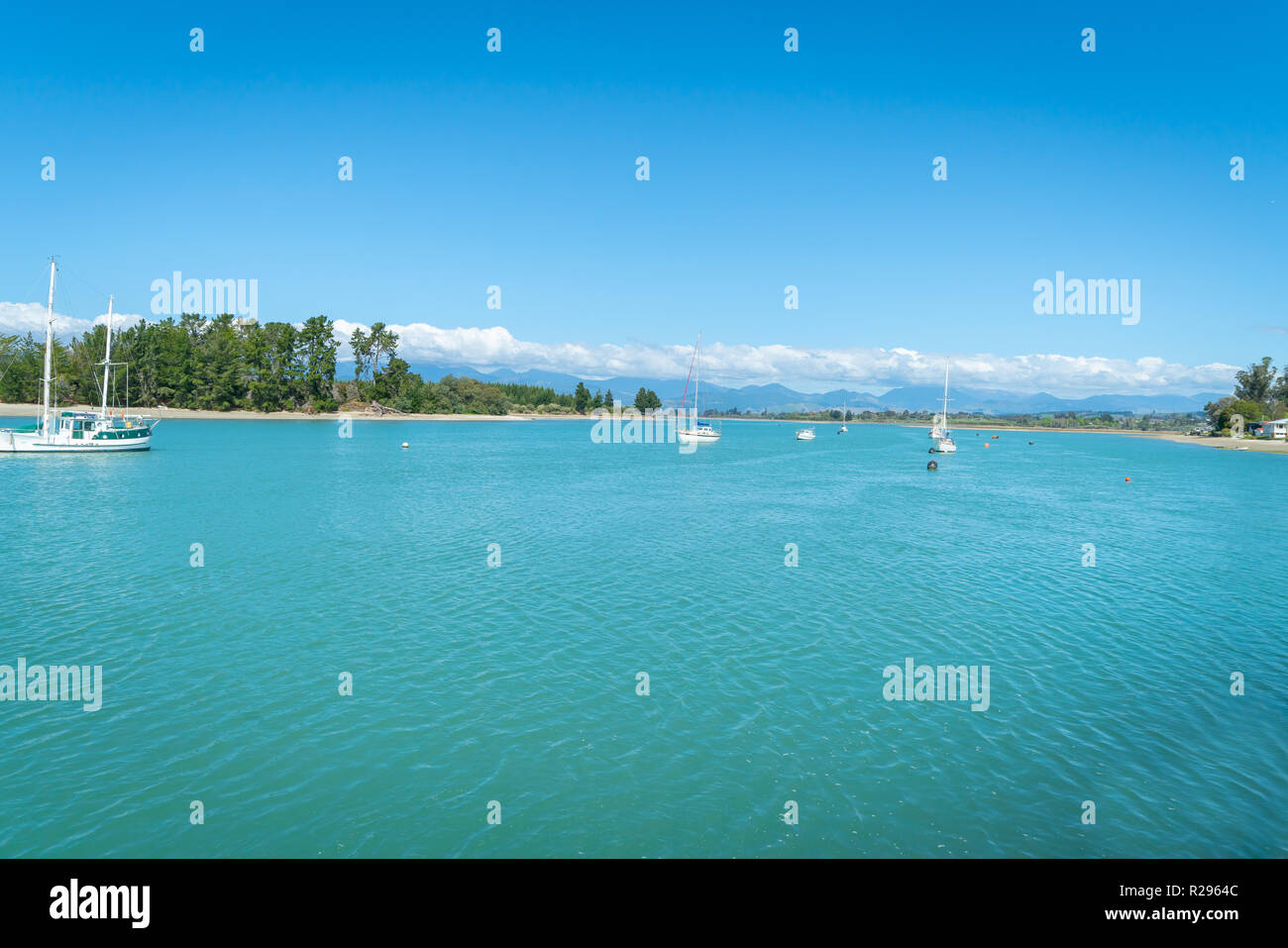 Boats moored in beautiful Waimea Estuary at Mapua on Tasman Bay with ...