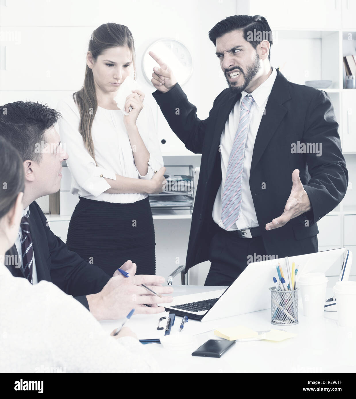 Businessman feeling angry to coworkers in office, pointing out mistakes ...