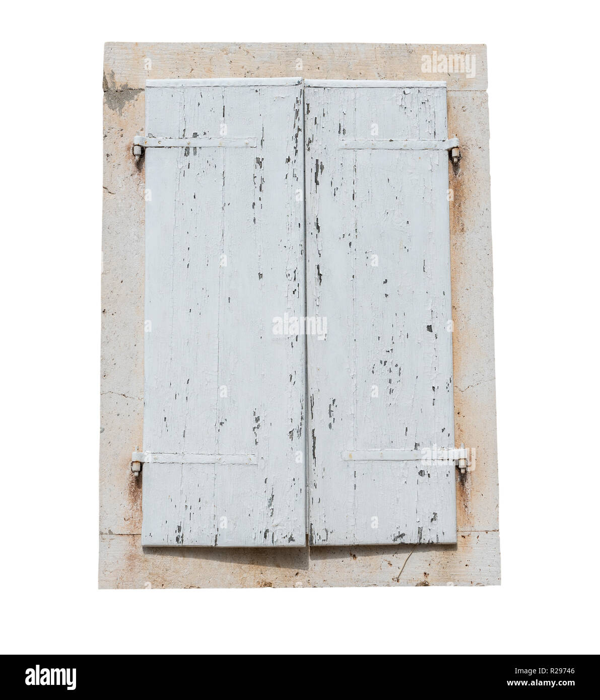 Old rustic closed white wooden window shutters isolated on white ...
