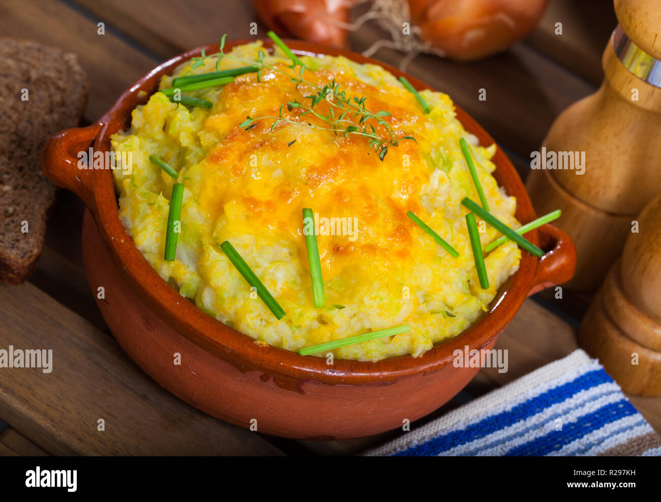 Scottish cuisine. Mix of mashed potatoes, fried cabbage, onions and ...