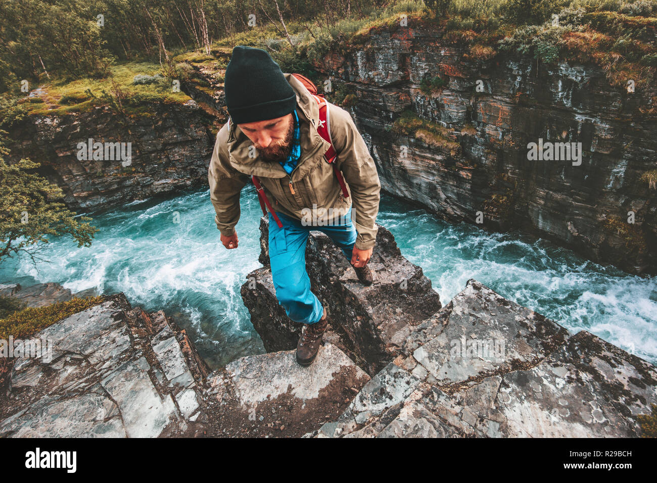 Adventurer man hiking survival alone active extreme vacations healthy ...