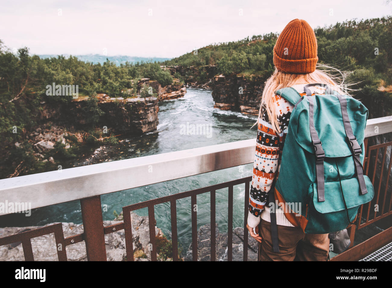 Woman traveling sightseeing landscape vacations outdoor girl with ...