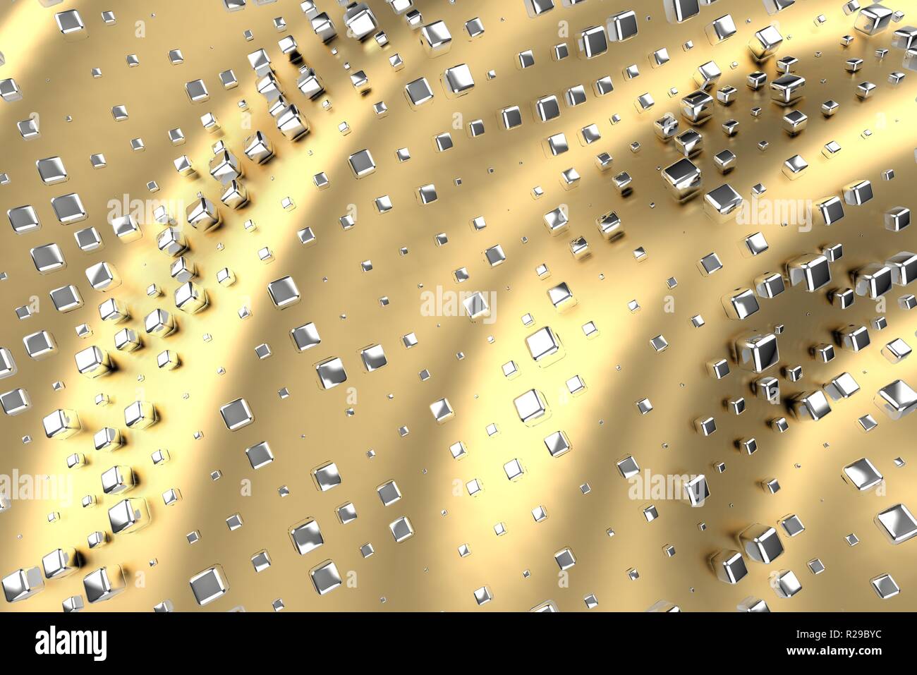 Silver or white gold platinum blocks cubes over metal yellow wave ...