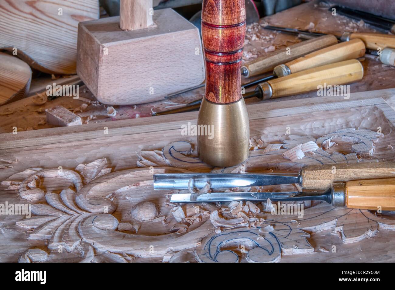 Carpenter tools on a work bench carpentry Stock Photo - Alamy
