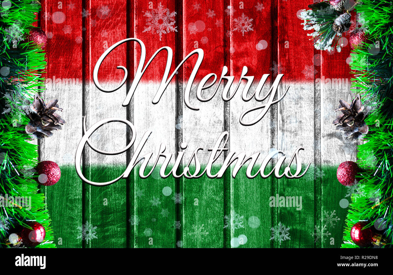 Merry christmas holiday concept with blurred flag image of Hungary ...