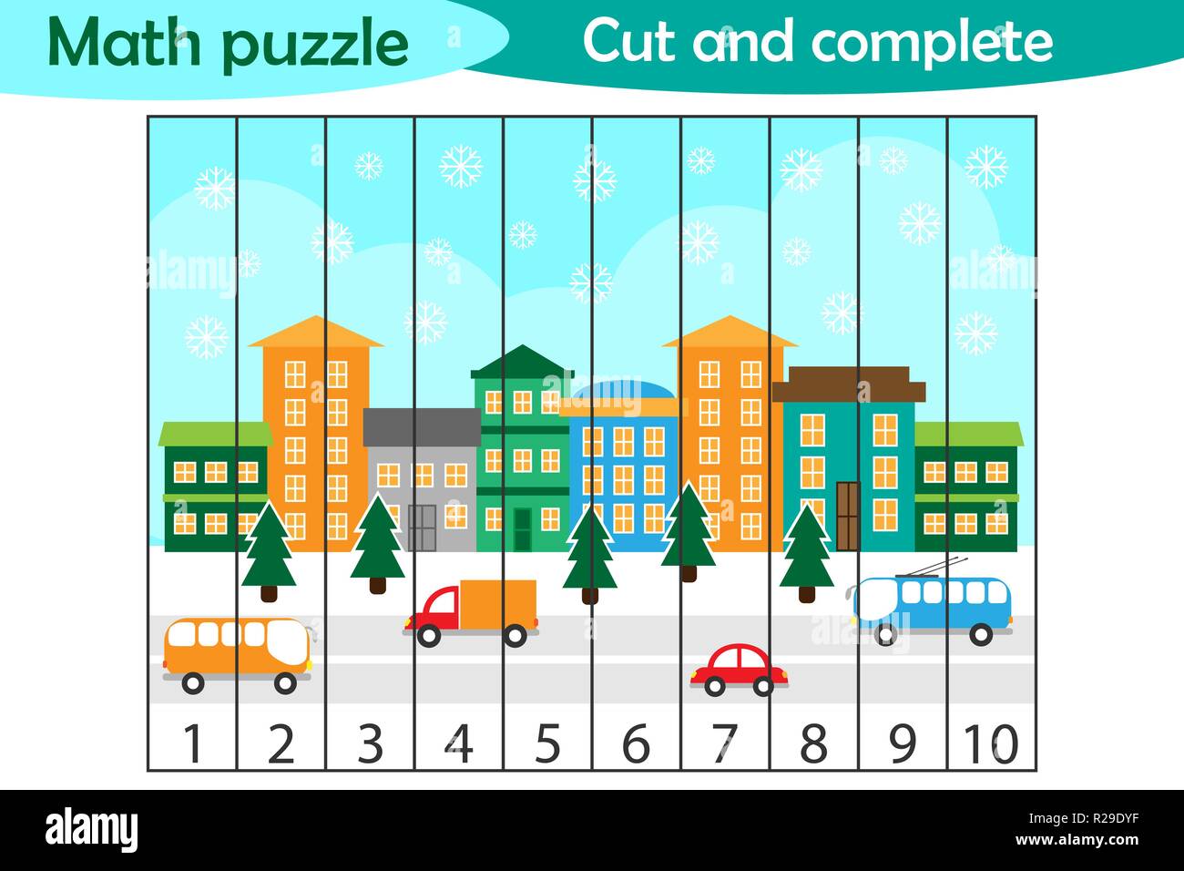 Math puzzle, christmas picture with snowy city in cartoon style ...