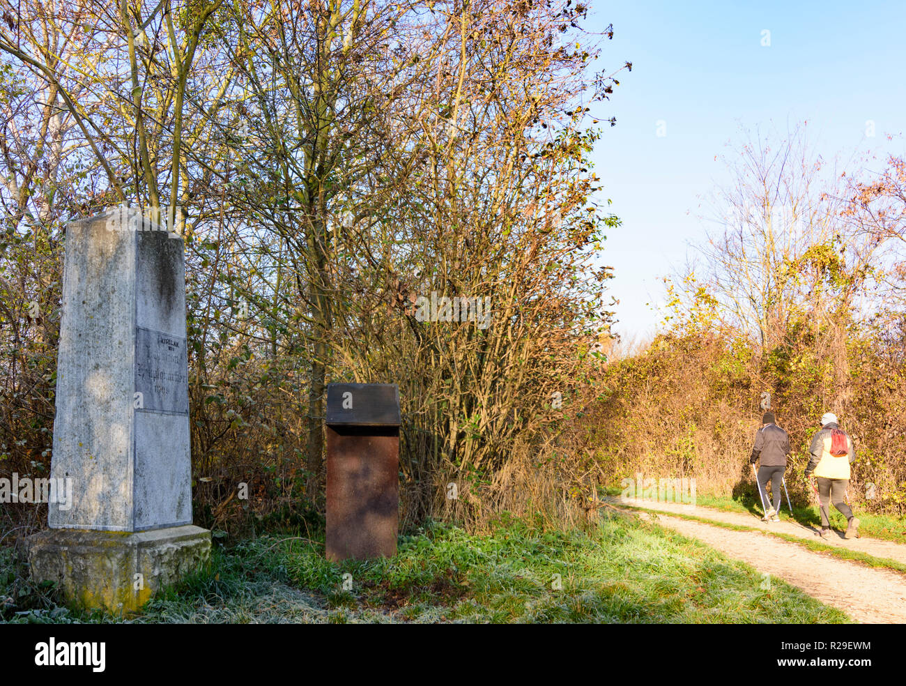 Wien, Vienna: Lobau, stone Napoleonstein marks the headquarter of ...