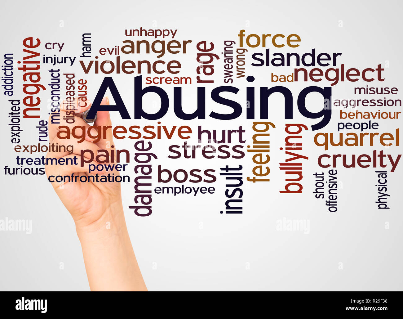 Abusing word cloud and hand with marker concept on white background ...