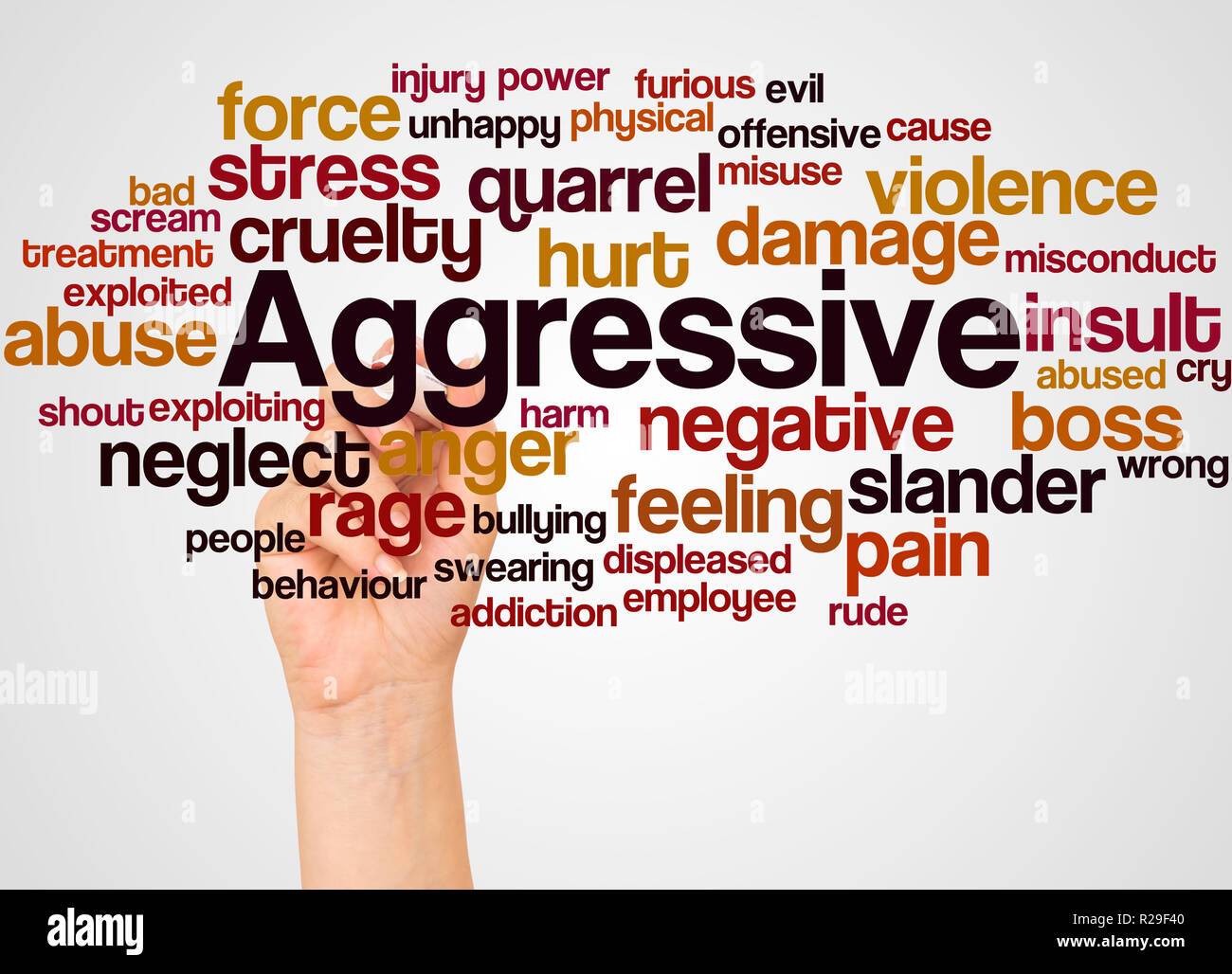 Aggressive word cloud and hand with marker concept on white background ...