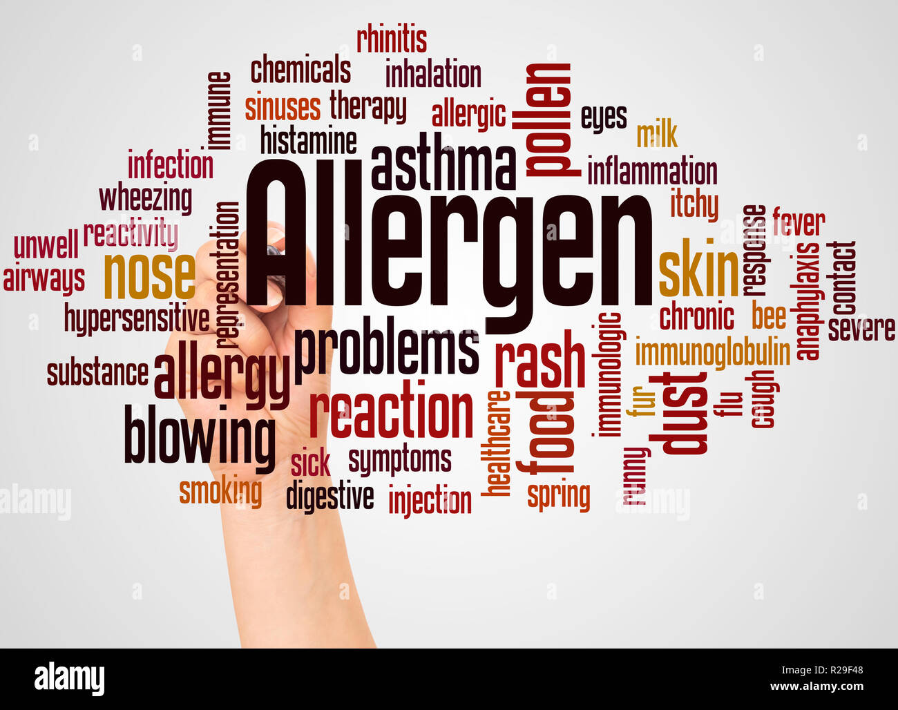 Allergen word cloud and hand with marker concept on white background ...