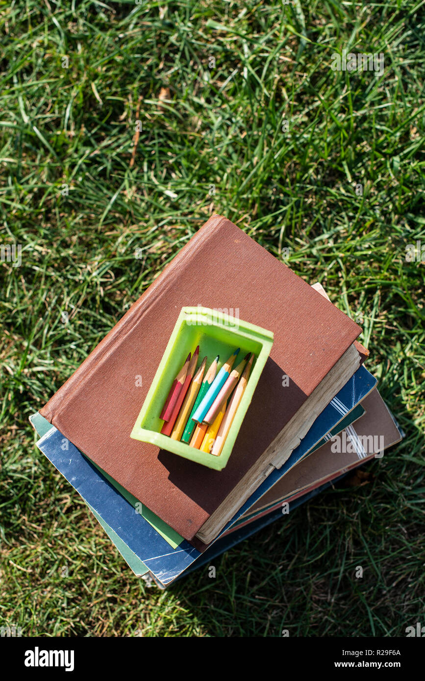 Books kids top view hi-res stock photography and images - Alamy