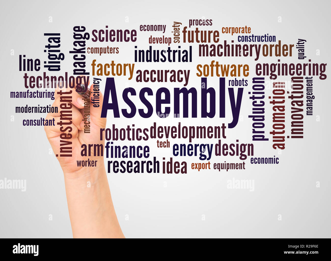 Assembly word cloud and hand with marker concept on white background ...