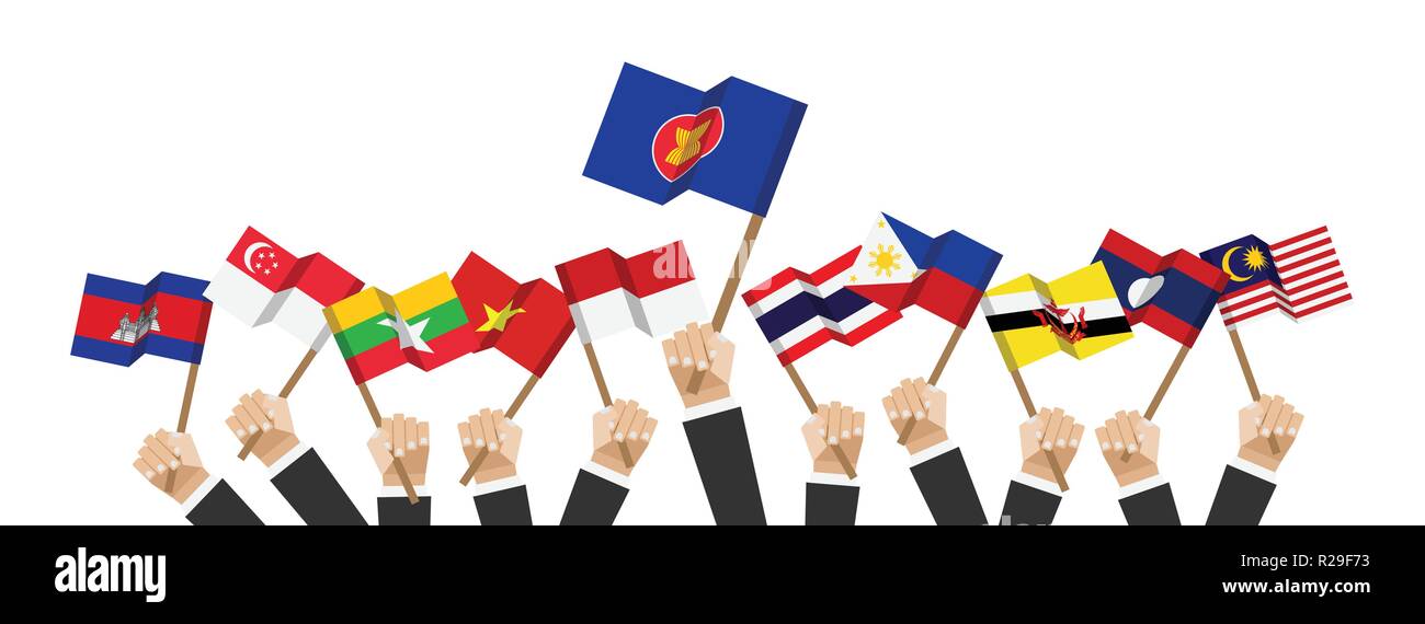 ASEAN and membership flags . Businessman hand hold and raise up ...