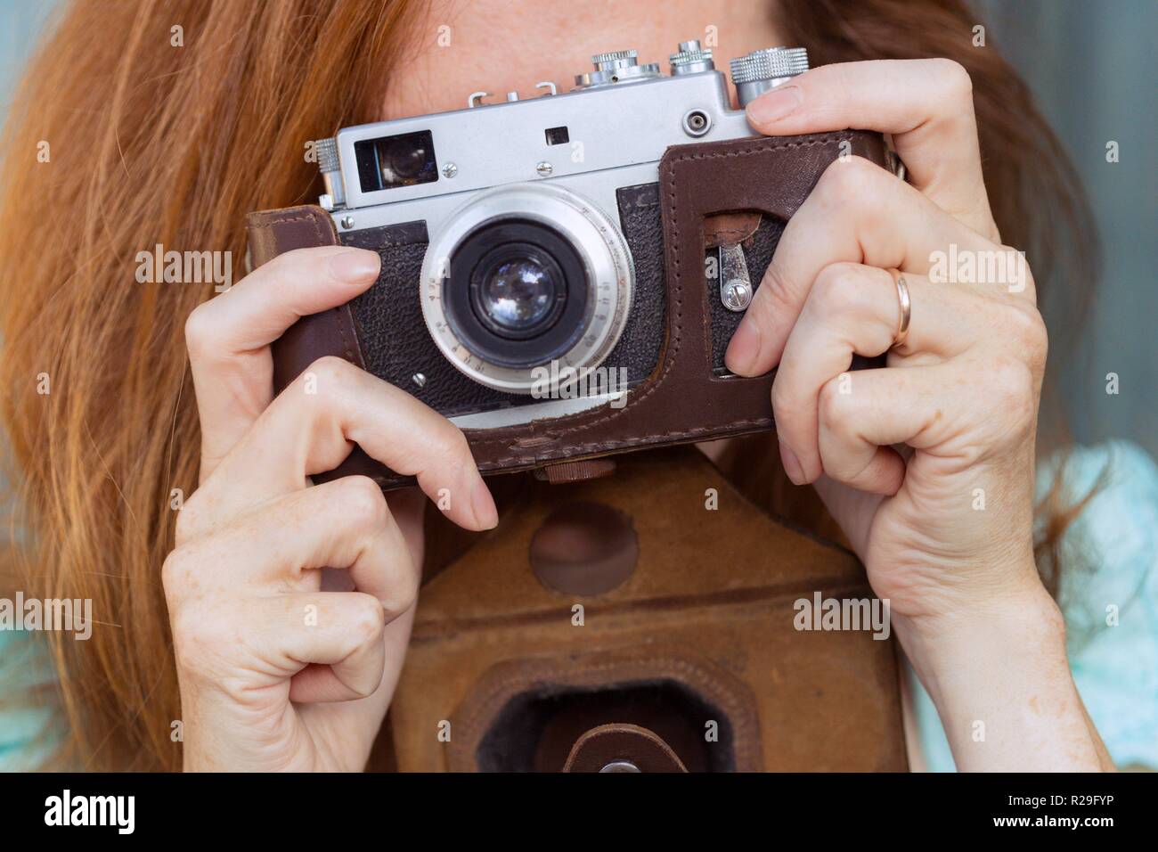 Girl with retro camera. Vintage Stock Photo - Alamy