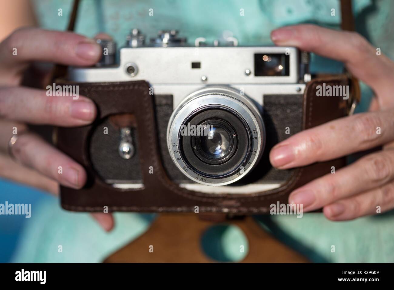 Girl with retro camera. Vintage Stock Photo - Alamy