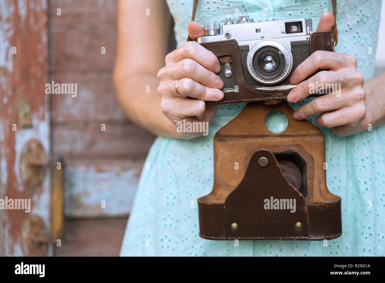 Girl with retro camera. Vintage Stock Photo - Alamy