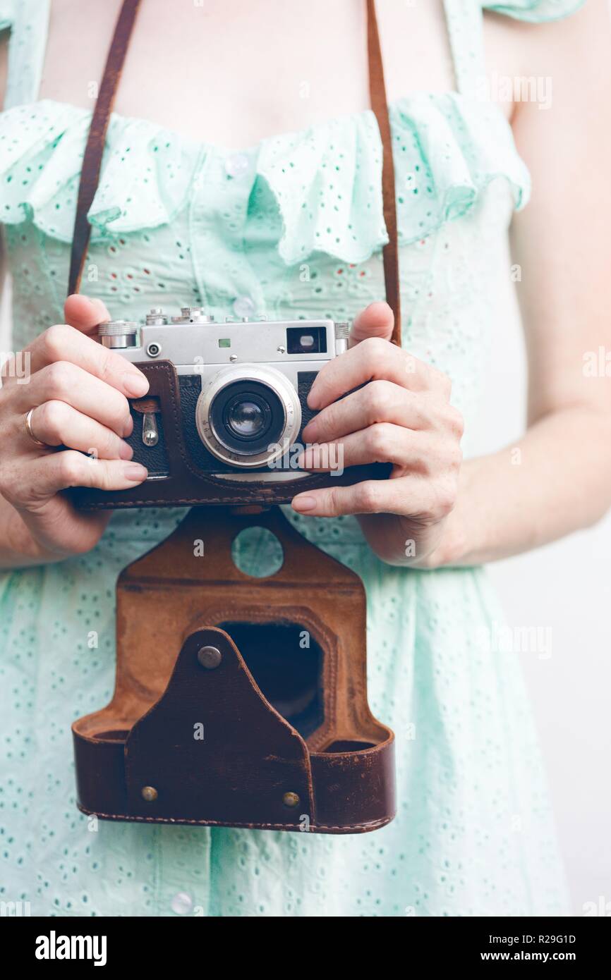 Girl with retro camera. Vintage Stock Photo - Alamy