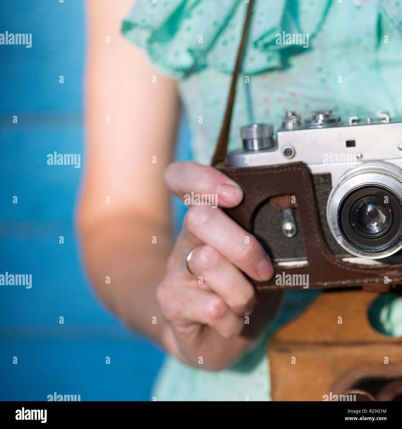 Girl with retro camera. Vintage Stock Photo - Alamy