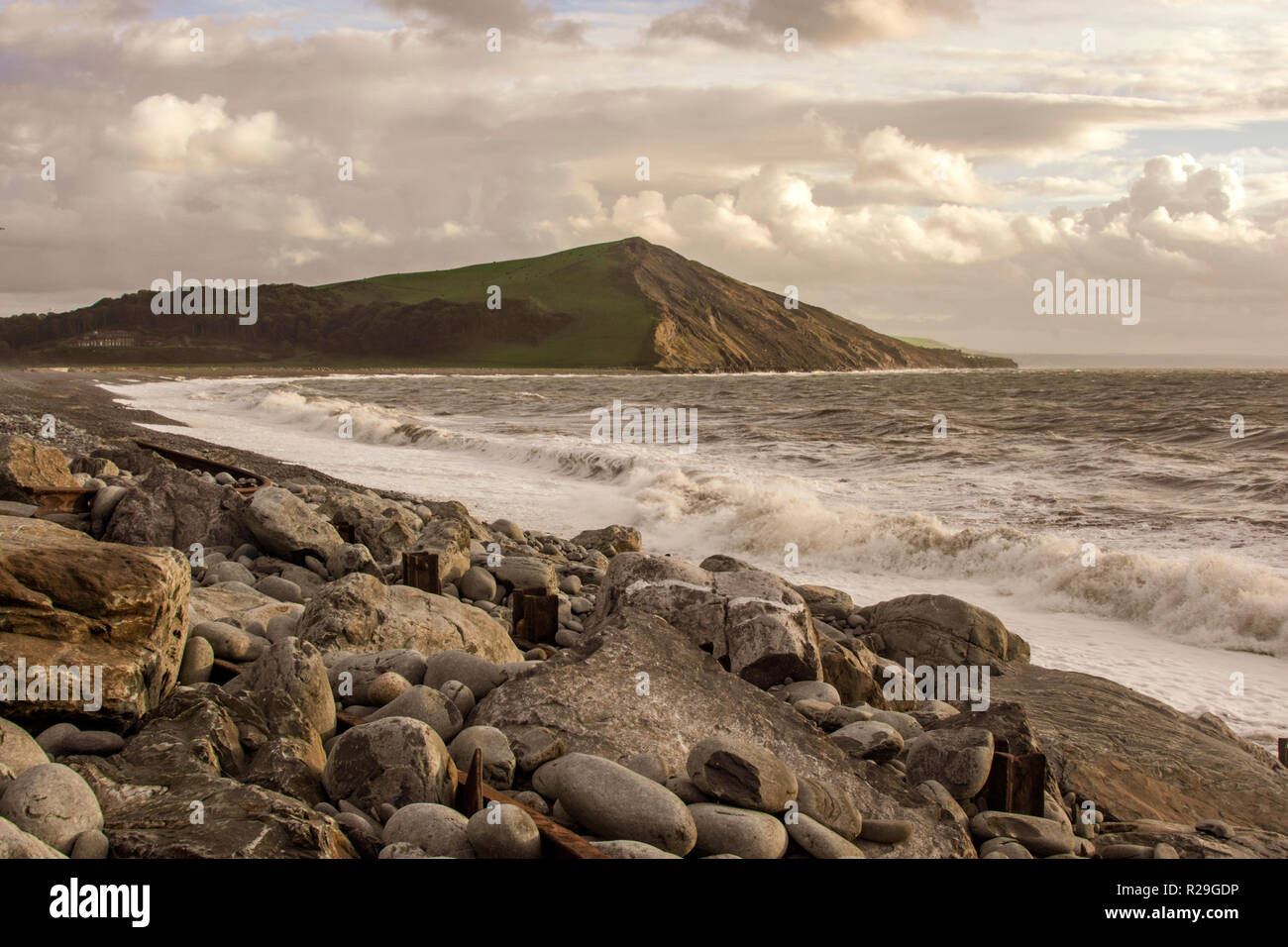 Stormy sea at Trefechan Beach, Aberystwyth leading to the foot of ...