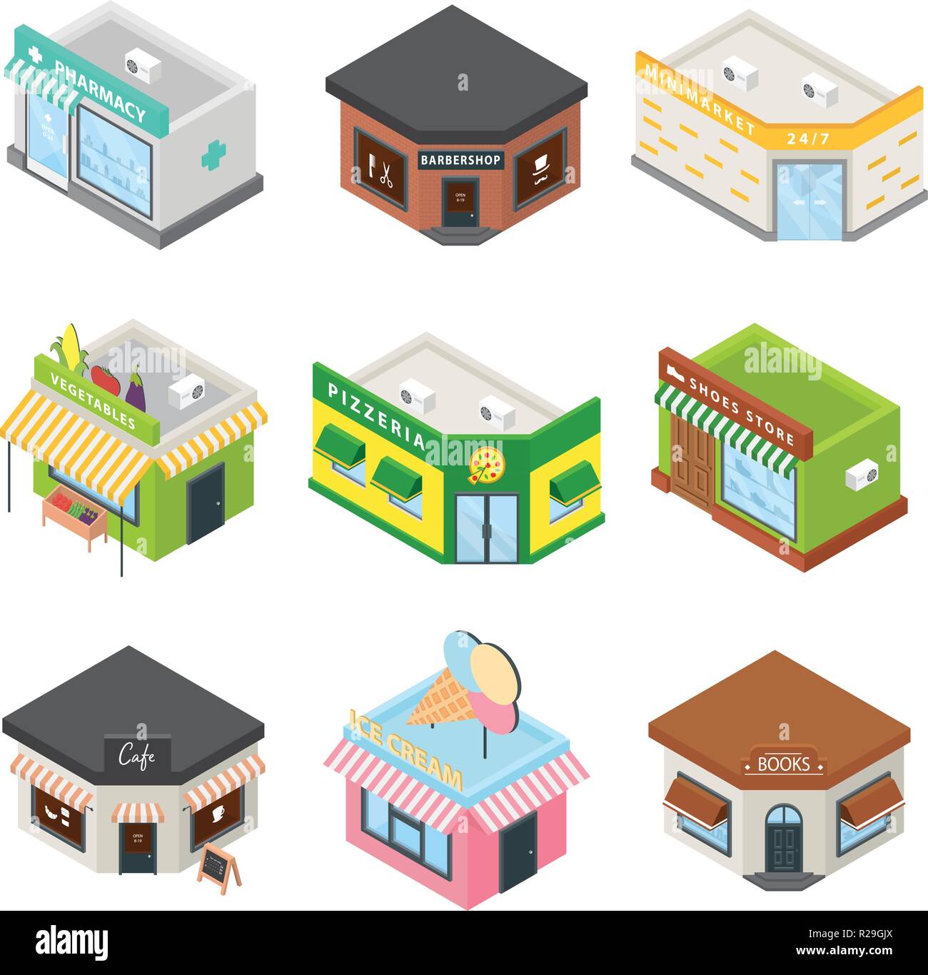 Store facade front shop icons set. Isometric illustration of 9 store ...