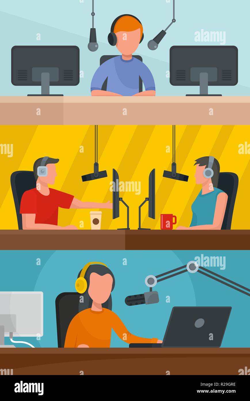 Radio station music news broadcasting banner concept set. Flat ...