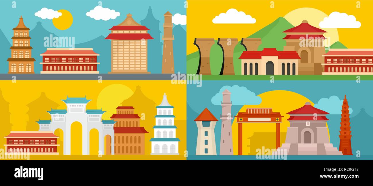 Taipei taiwan city skyline banner concept set. Flat illustration of 4 ...