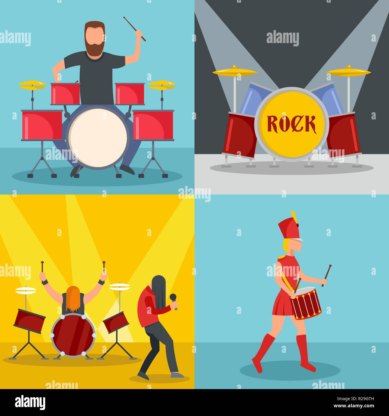 Drummer drum rock musician icons set. Flat illustration of 4 drummer ...