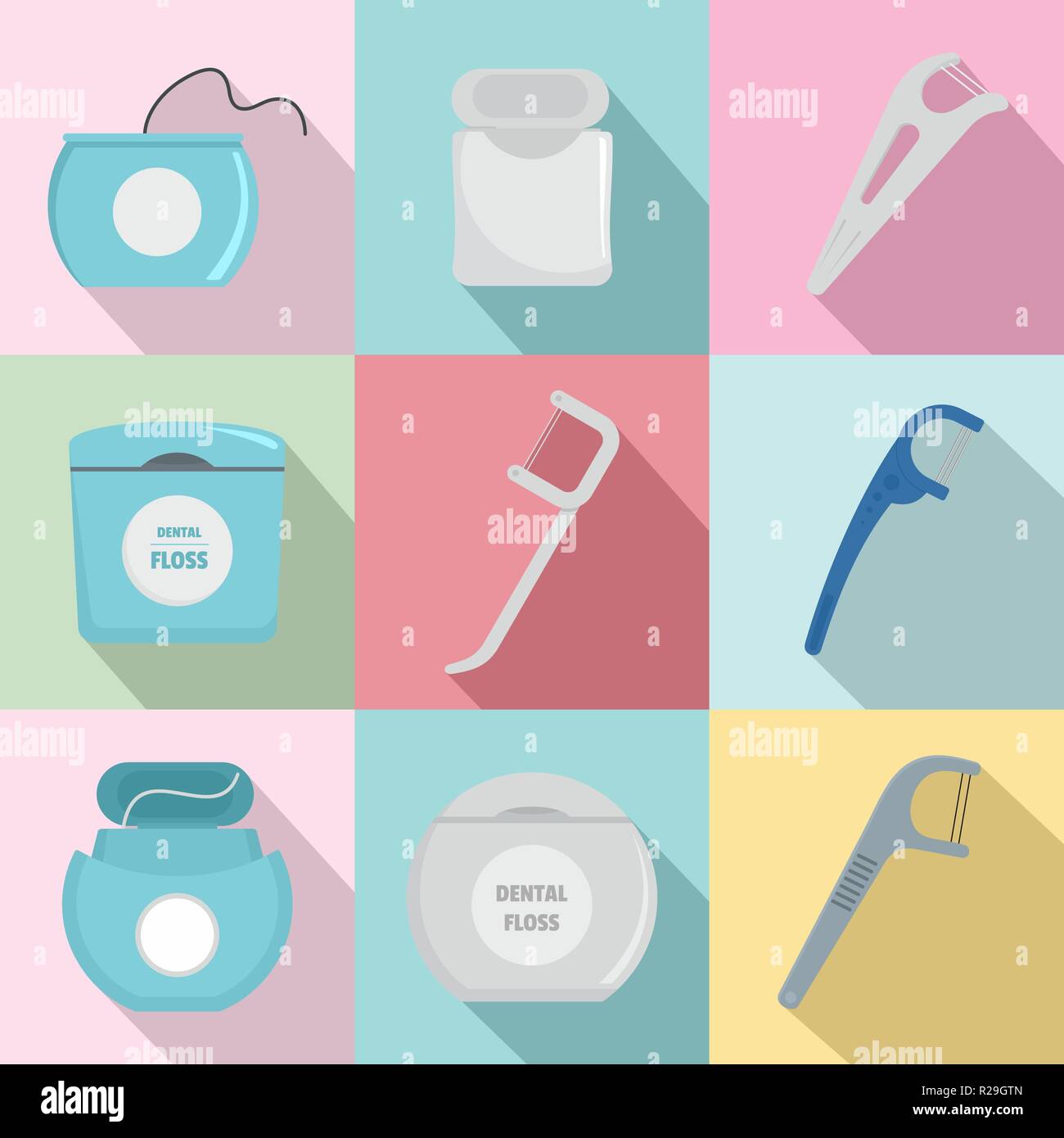 Floss dental brushing teeth icons set. Flat illustration of 9 floss ...