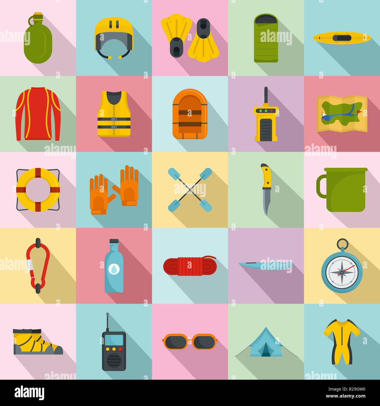 Rafting kayak water canoe icons set. Flat illustration of 25 rafting ...