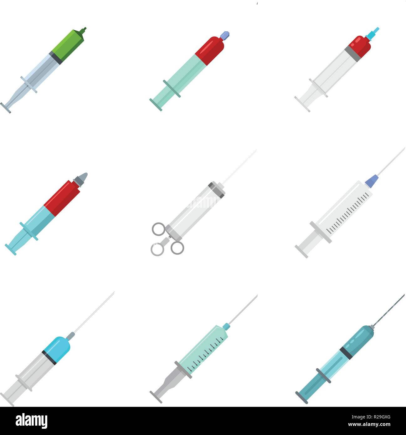 Syringe needle injection icons set. Flat illustration of 9 syringe ...