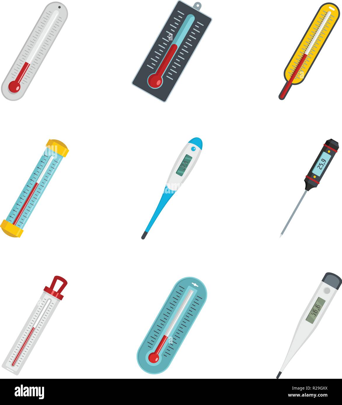 Thermometer temperature icons set. Flat illustration of 9 thermometer ...