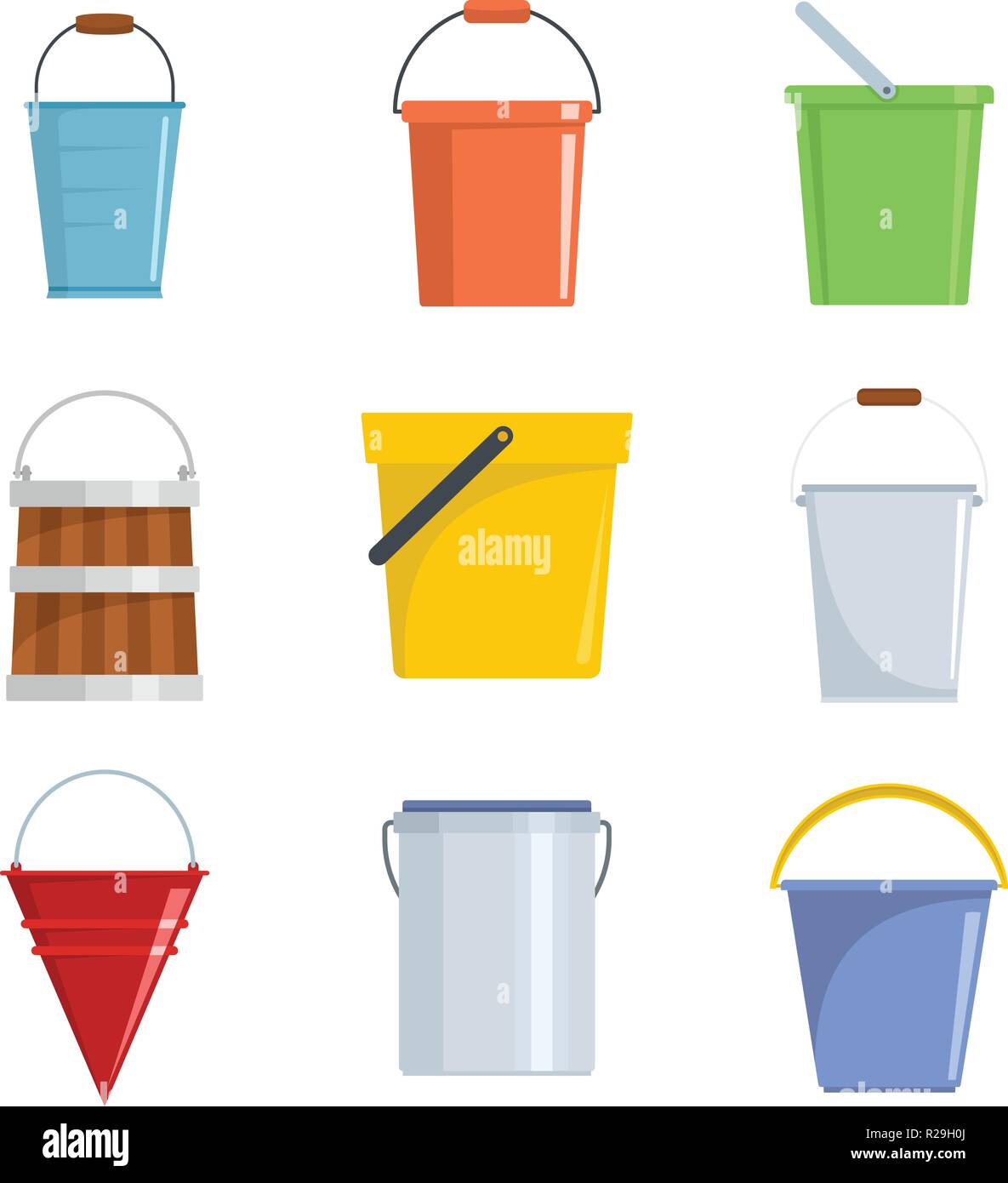 Bucket types container icons set. Flat illustration of 9 bucket types ...