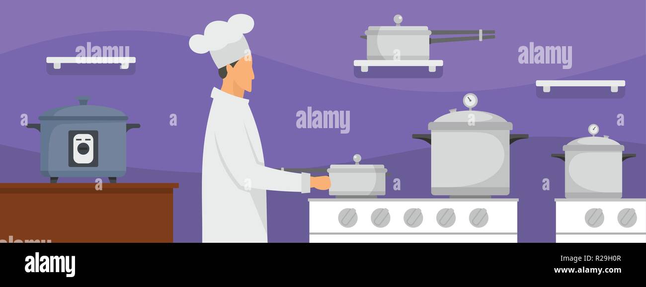 Chef at kitchen banner horizontal. Flat illustration of vector chef at ...