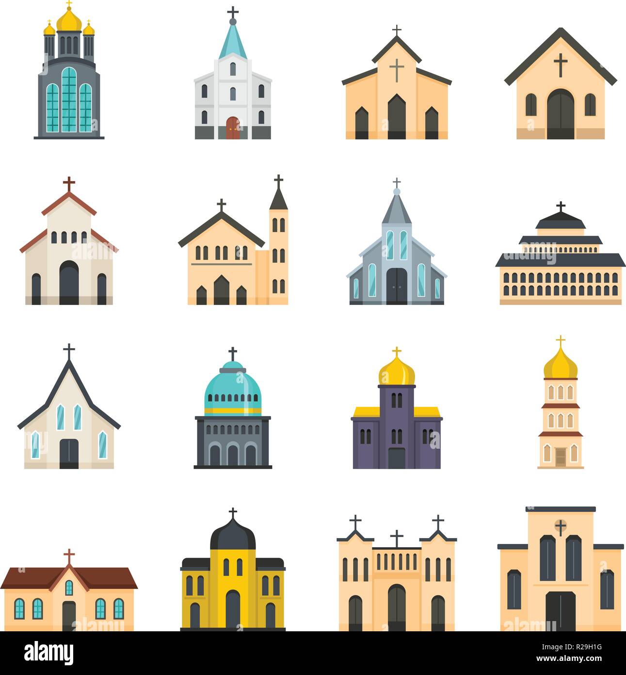 Church building icons set. Flat illustration of 16 church building ...