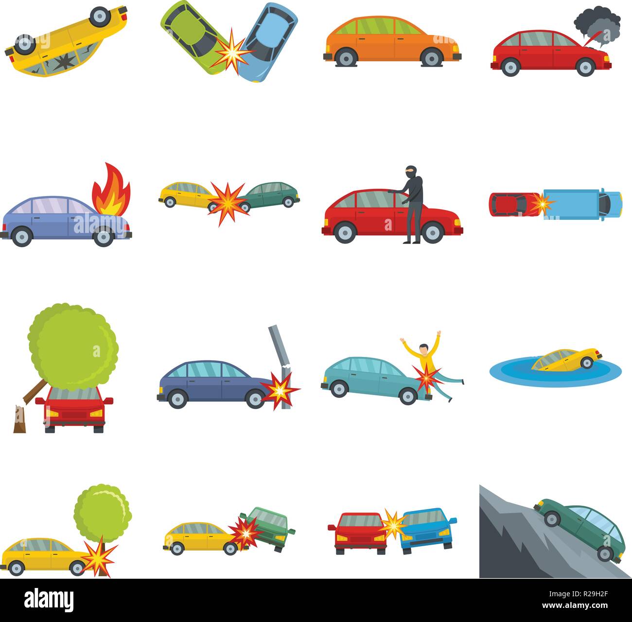Accident car crash case icons set. Flat illustration of 16 accident car ...
