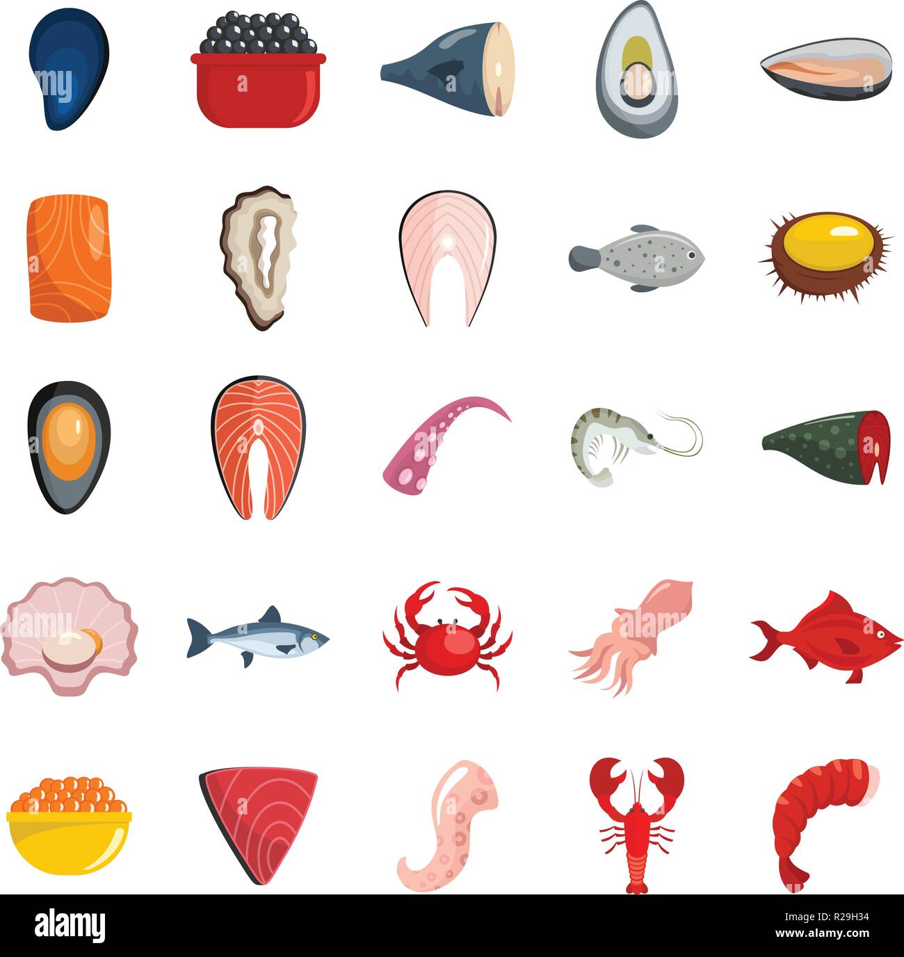 Seafood fresh fish food icons set. Flat illustration of 25 seafood ...