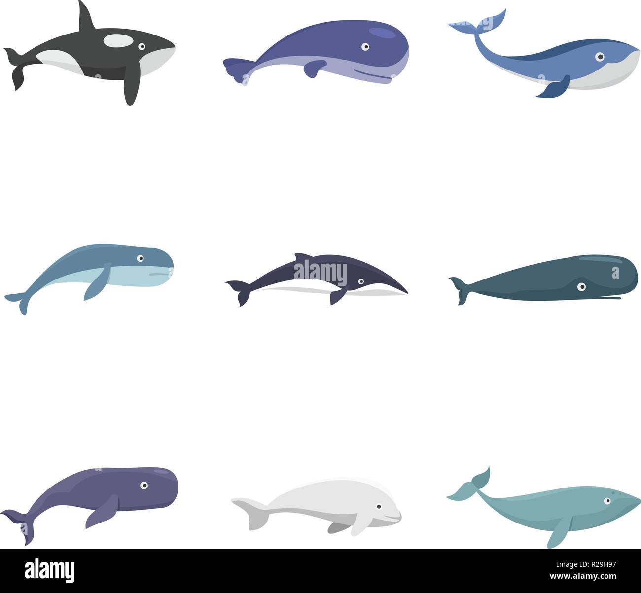 Whale blue tale fish icons set. Flat illustration of 9 whale blue tale ...