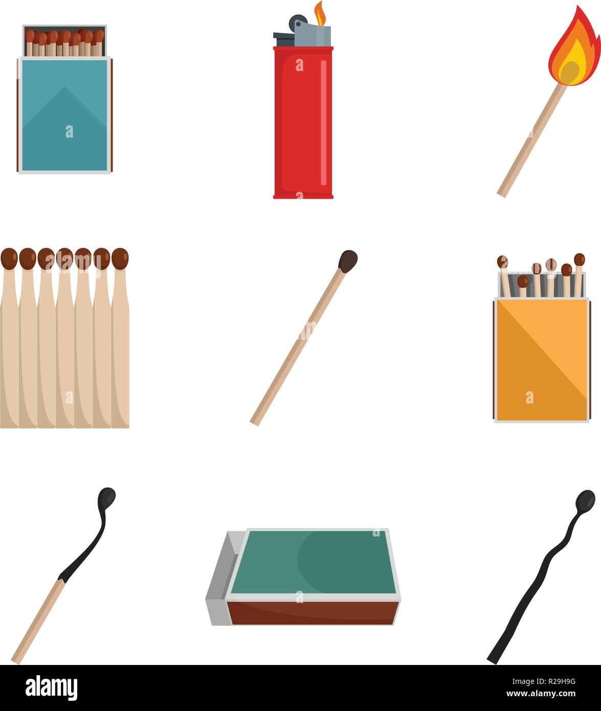 Safety match ignite burn icons set. Flat illustration of 9 safety match ...