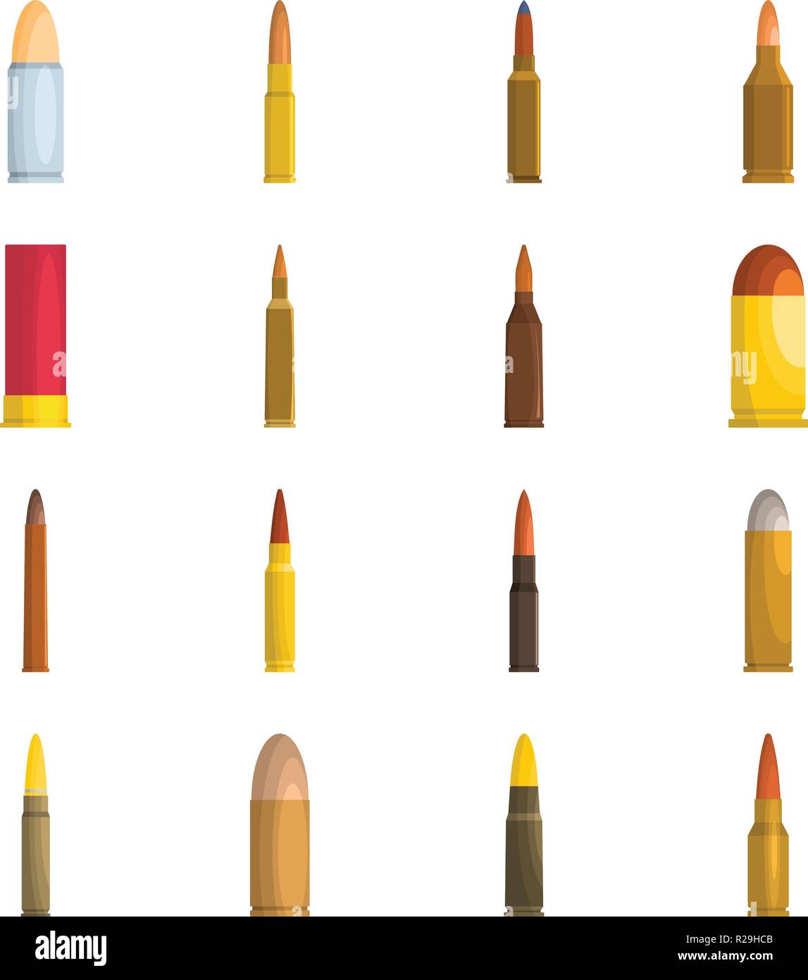 Bullet gun military icons set. Flat illustration of 16 bullet gun ...