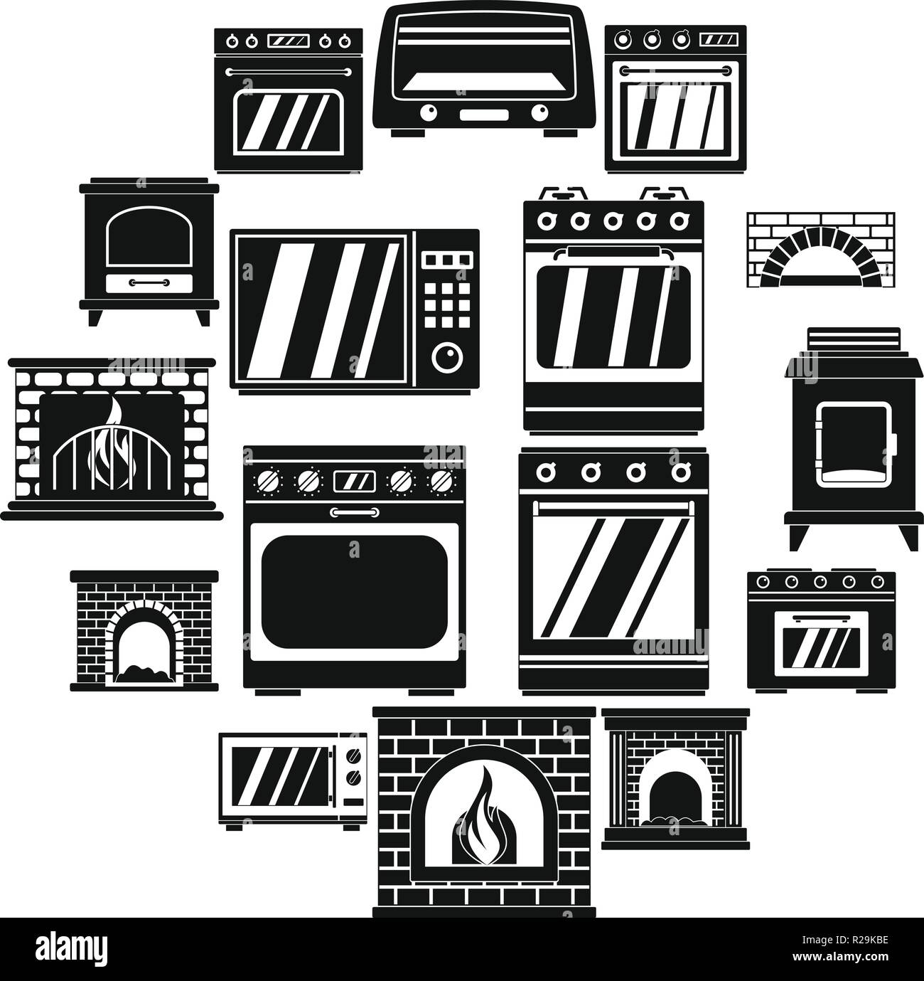 Oven stove furnace fireplace icons set. Simple illustration of 16 oven ...