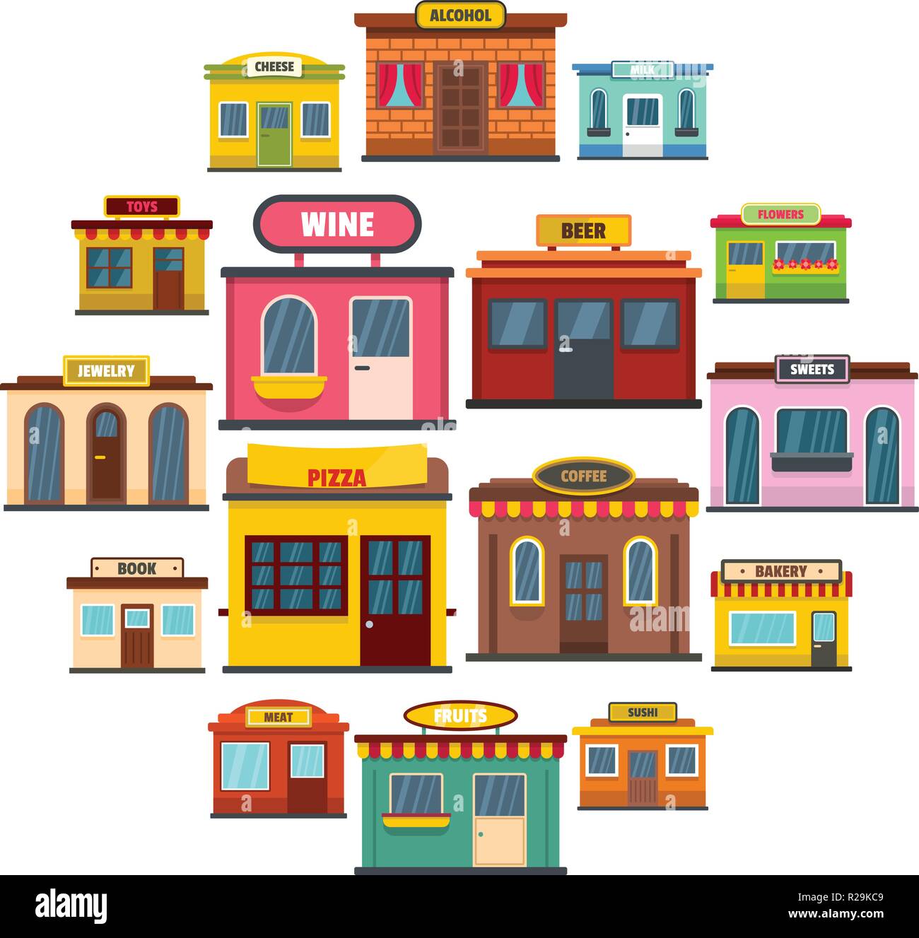 Store facade front shop icons set. Flat illustration of 16 store facade ...