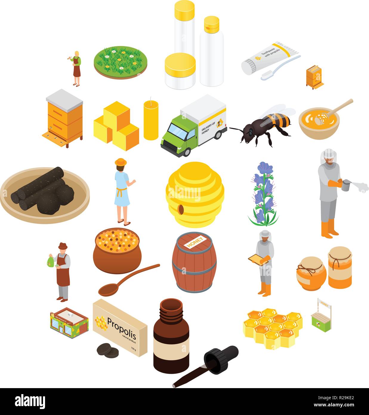 Propolis honey apiary icons set. Isometric illustration of 25 propolis ...