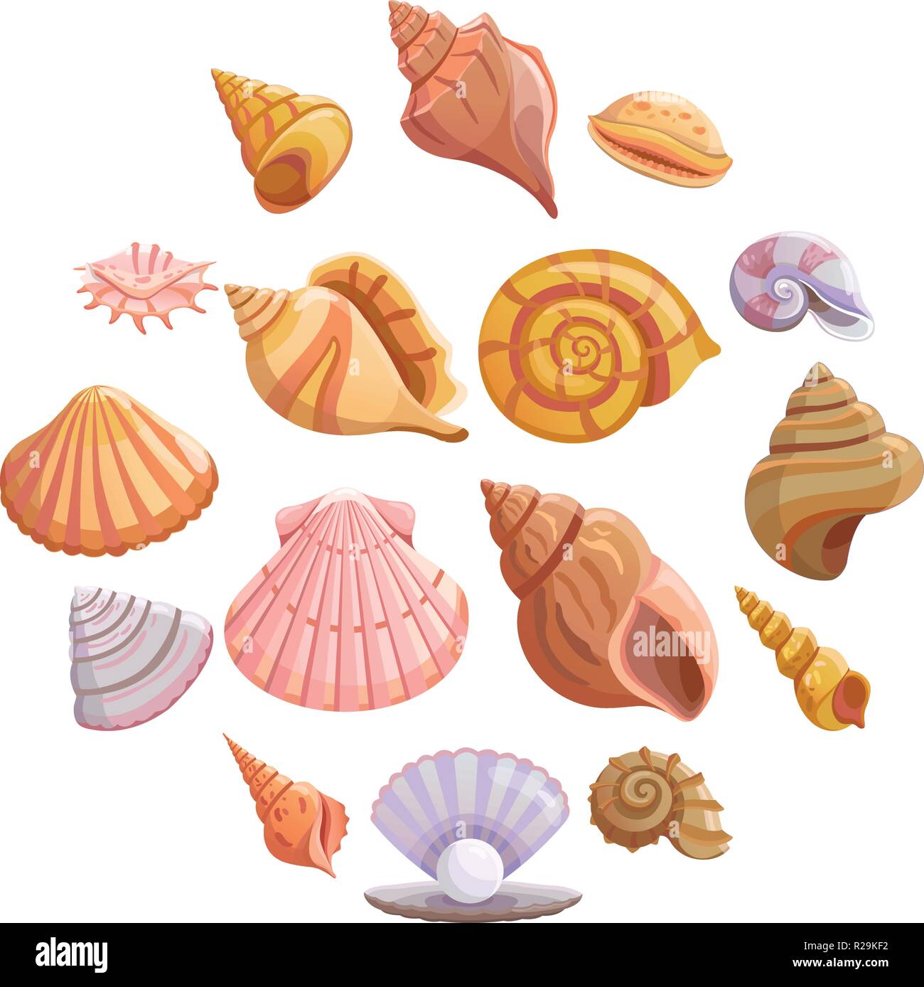 Sea shell beach icons set. Cartoon illustration of 16 Sea shell beach ...