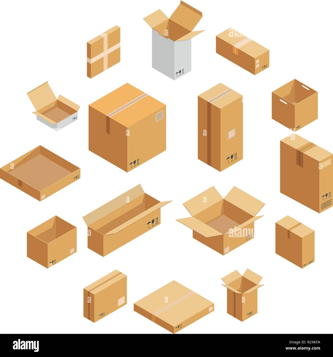 Parcel packaging box icons set. Isometric illustration of 16 parcel ...
