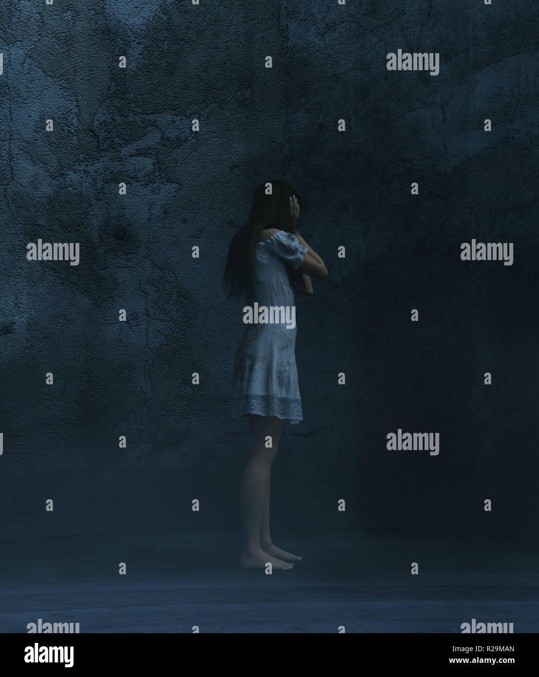 Stress woman in a dark room,3d rendering Stock Photo - Alamy